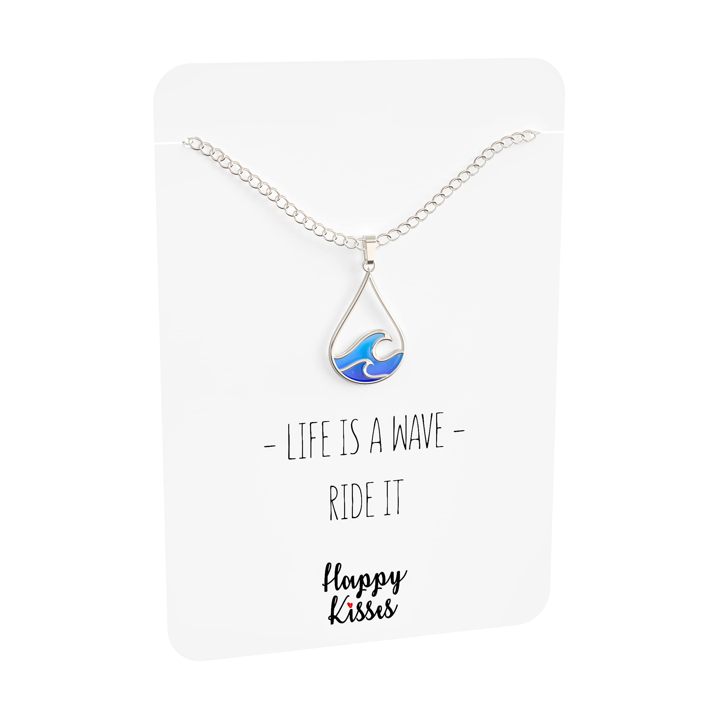 Happy Kisses Silver Wave Necklace - Beach Jewelry for Surfers and Sea Lovers - Motivational Drop Shape Pendant with Gift Message Card