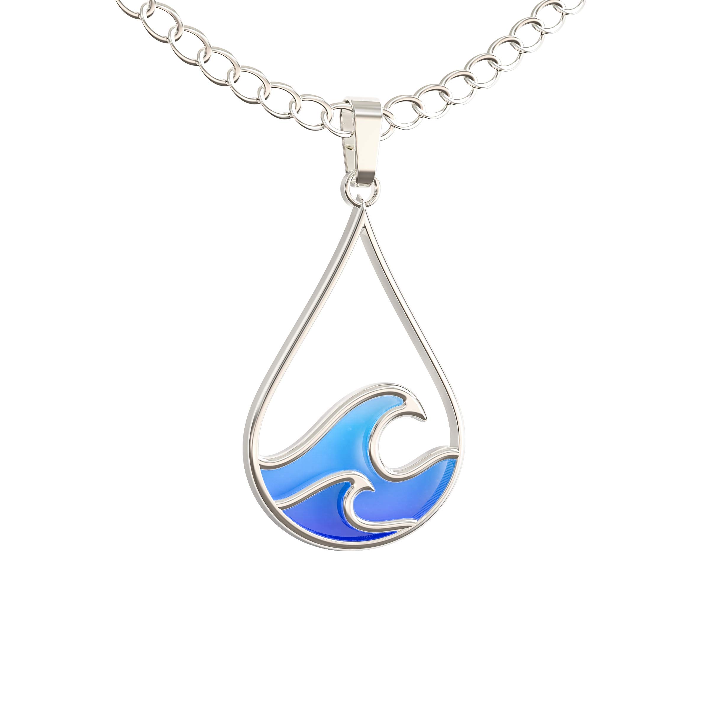 Happy Kisses Silver Wave Necklace - Beach Jewelry for Surfers and Sea Lovers - Motivational Drop Shape Pendant with Gift Message Card