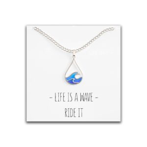 Happy Kisses Silver Wave Necklace - Beach Jewelry for Surfers and Sea Lovers - Motivational Drop Shape Pendant with Gift Message Card