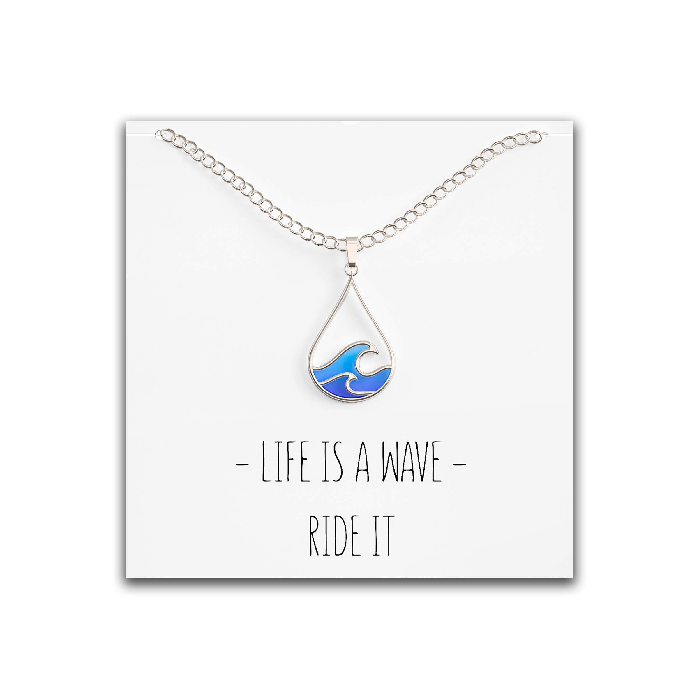 Happy Kisses Silver Wave Necklace - Beach Jewelry for Surfers and Sea Lovers - Motivational Drop Shape Pendant with Gift Message Card