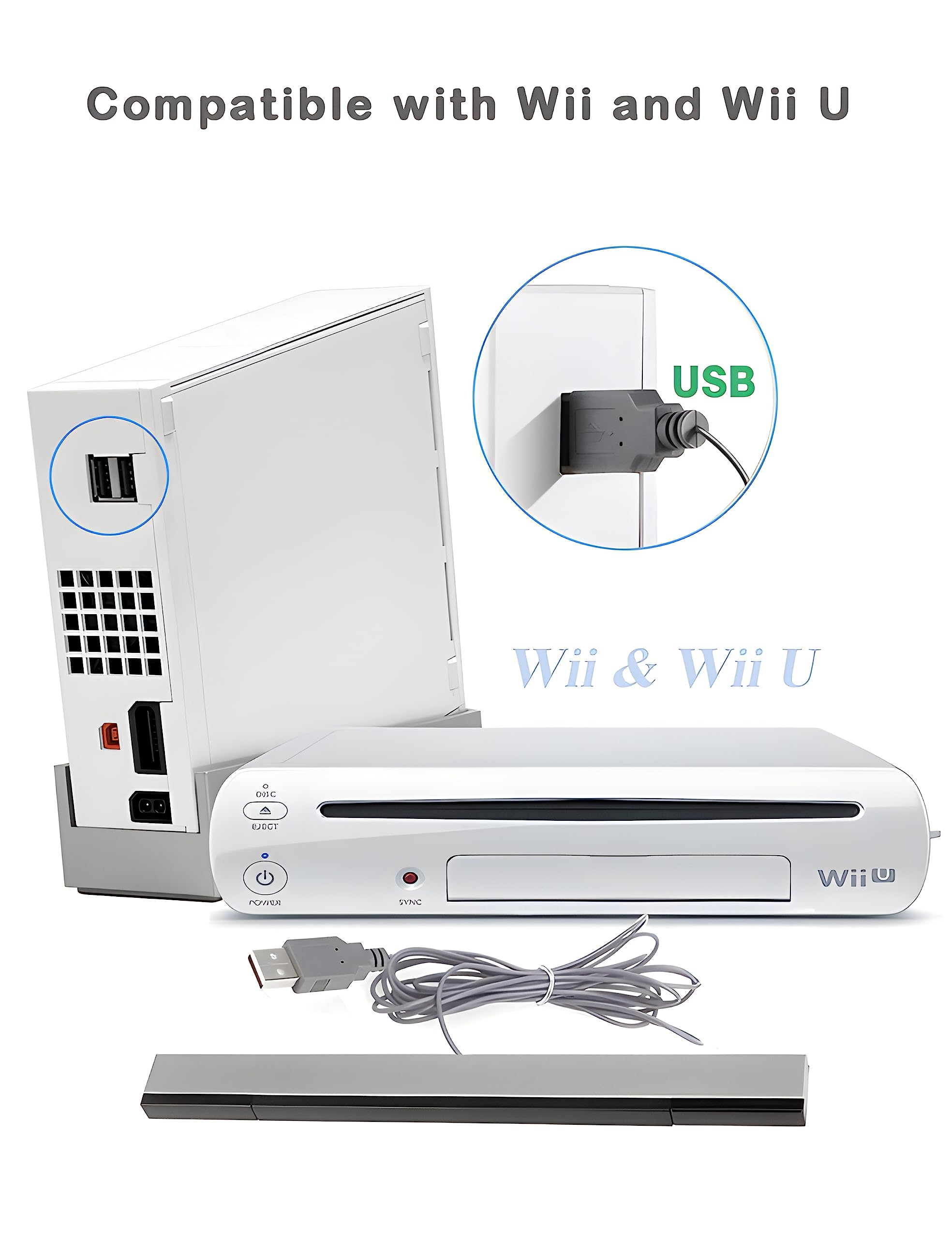 USB Wired Wii Sensor Bar, Replacement Infrared Ray Motion Sensor Bar for Nintendo Wii/ Wii U/ PC -Black & Silver