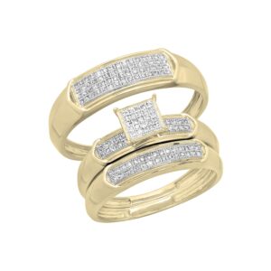 dazzlingrock collection 0.30 carat round white diamond square micro pave wedding trio ring set in 18k yellow gold plated sterling silver, women size 7 and men size 10