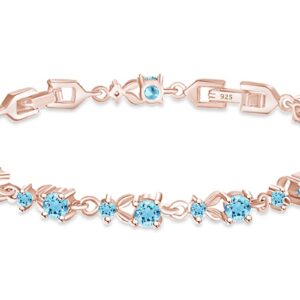 AFFY 14k Rose Gold Over Sterling Silver Leaf Shape Tennis Bracelet Round Shape Simulated Aquamarine 7.25"