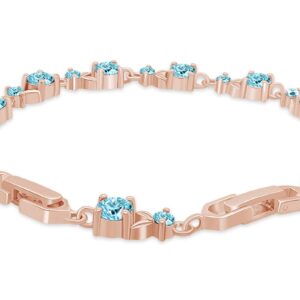 AFFY 14k Rose Gold Over Sterling Silver Leaf Shape Tennis Bracelet Round Shape Simulated Aquamarine 7.25"