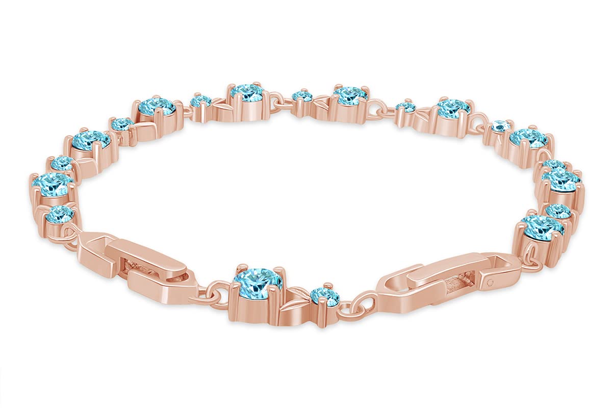 AFFY 14k Rose Gold Over Sterling Silver Leaf Shape Tennis Bracelet Round Shape Simulated Aquamarine 7.25"