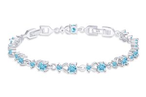 affy 14k white gold over sterling silver leaf shape tennis bracelet round shape simulated aquamarine 7.25"