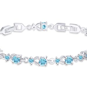 AFFY 14k White Gold Over Sterling Silver Leaf Shape Tennis Bracelet Round Shape Simulated Aquamarine 7.25"