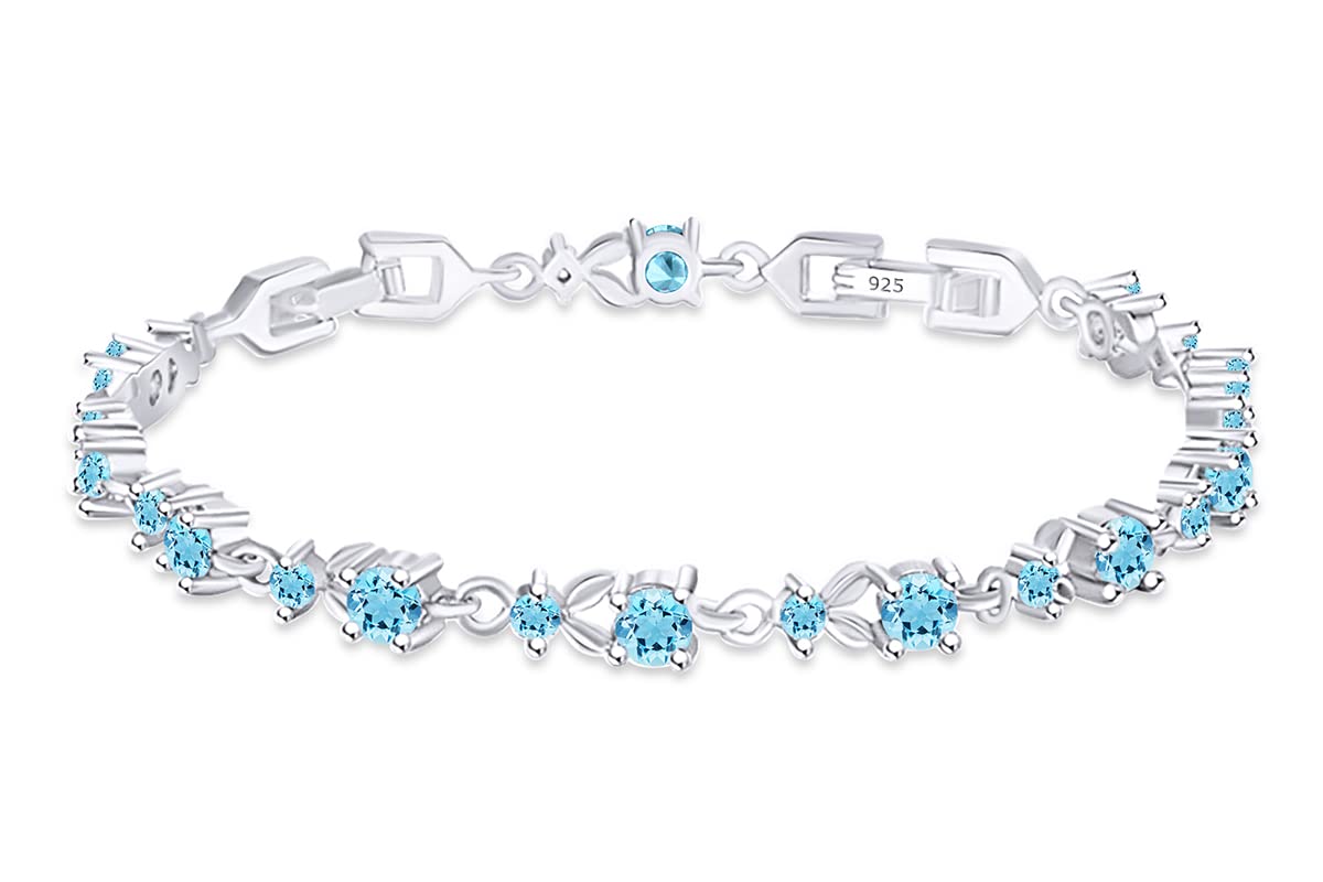 AFFY 14k White Gold Over Sterling Silver Leaf Shape Tennis Bracelet Round Shape Simulated Aquamarine 7.25"