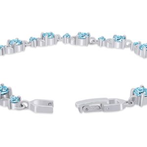 AFFY 14k White Gold Over Sterling Silver Leaf Shape Tennis Bracelet Round Shape Simulated Aquamarine 7.25"