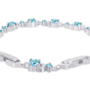 AFFY 14k White Gold Over Sterling Silver Leaf Shape Tennis Bracelet Round Shape Simulated Aquamarine 7.25"