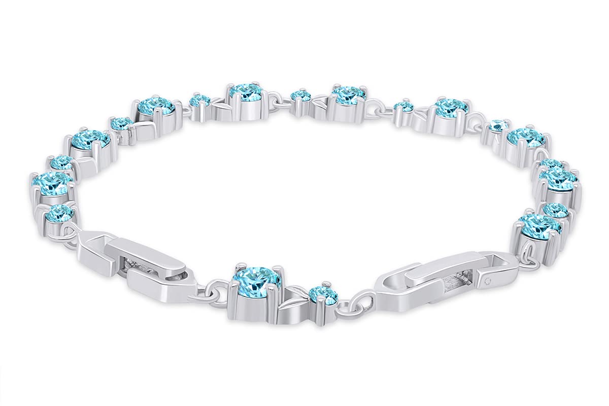 AFFY 14k White Gold Over Sterling Silver Leaf Shape Tennis Bracelet Round Shape Simulated Aquamarine 7.25"