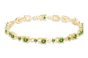 affy 14k yellow gold over sterling silver leaf shape tennis bracelet round shape simulated peridot 7.25"