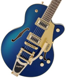 gretsch g5655tg electromatic center block jr. azure metallic w/bigsby & black top broad'tron pickups