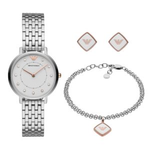 emporio armani women's silver stainless steel bracelet watch and jewelry gift set (model: ar80023)