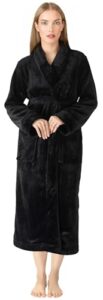 ny threads women's fleece shawl collar bathrobe plush long spa robe, large, black