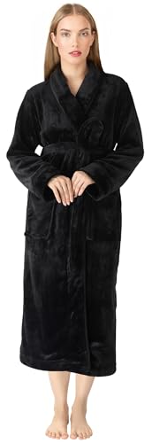 NY Threads Women's Fleece Shawl Collar Bathrobe Plush Long Spa Robe, Large, Black