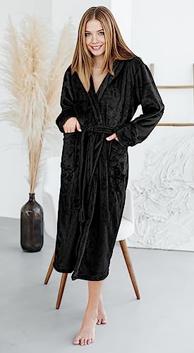 NY Threads Women's Fleece Shawl Collar Bathrobe Plush Long Spa Robe, Large, Black