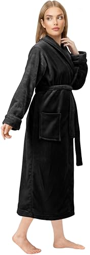 NY Threads Women's Fleece Shawl Collar Bathrobe Plush Long Spa Robe, Large, Black