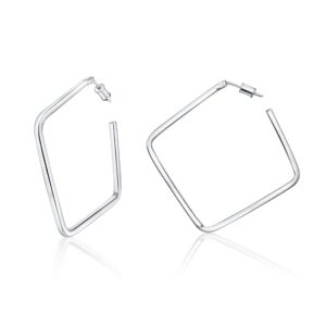 hoops & loops 925 sterling silver geo shape open square 46mm geometric hoop earrings for women teen girls, silver