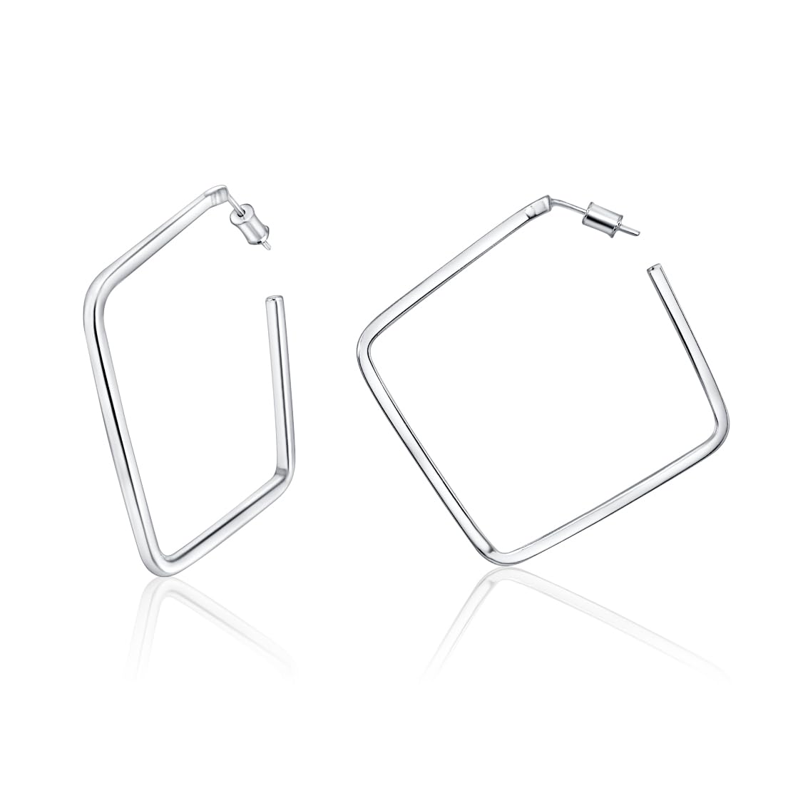 Hoops & Loops 925 Sterling Silver Geo Shape Open Square 46mm Geometric Hoop Earrings for Women Teen Girls, Silver