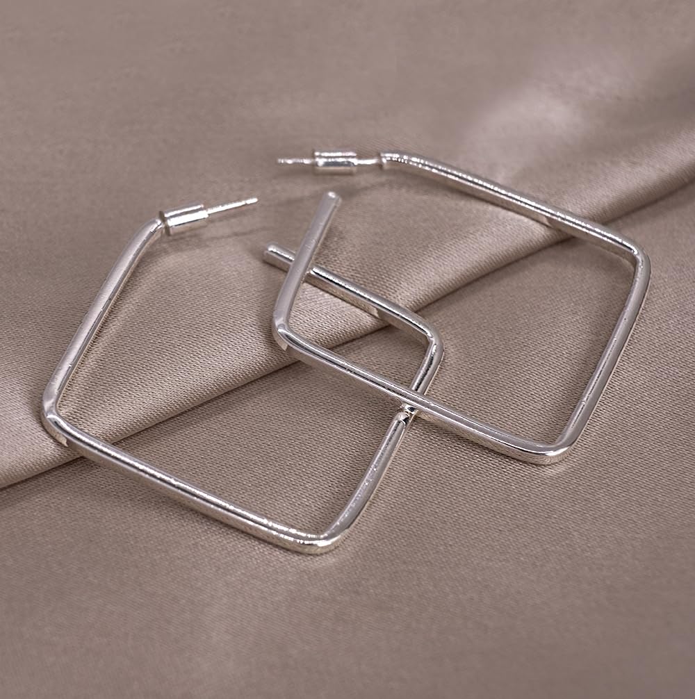 Hoops & Loops 925 Sterling Silver Geo Shape Open Square 46mm Geometric Hoop Earrings for Women Teen Girls, Silver