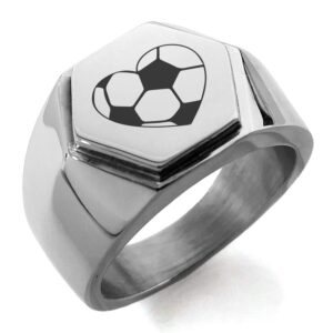 stainless steel love soccer heart hexagon crest flat top biker style polished ring, size 8