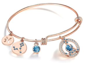 leafael superstar pisces zodiac expandable bangle crystal bracelet horoscope constellation feburary march birthstone jewelry gifts for women, rose gold plated, 7"