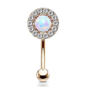 prong set opal center with cz paved surrounding 316l surgical steel eyebrow rings/curved barbells (rose gold/opal white)