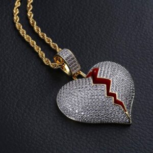 MOLEK Iced Out Hip Hop Jewelry Gifts 18K Gold Plated Micro Pave Bling CZ Broken Heart Pendant Necklace (Gold)