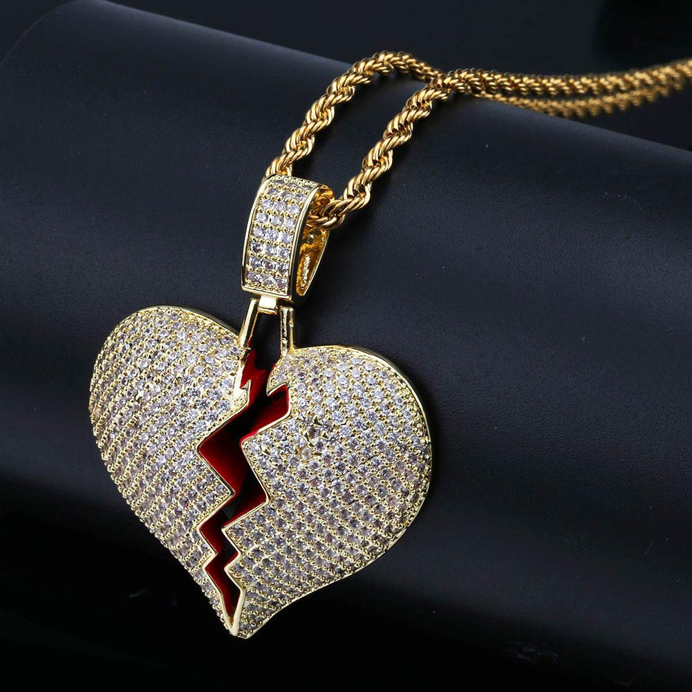 MOLEK Iced Out Hip Hop Jewelry Gifts 18K Gold Plated Micro Pave Bling CZ Broken Heart Pendant Necklace (Gold)