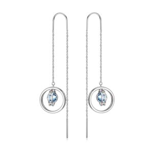 aoboco sterling silver planet galaxy star dangle drop earrings, hypoallergenic threader earrings, simulated aquamarine birthstone crystal from austria, anniversary birthday