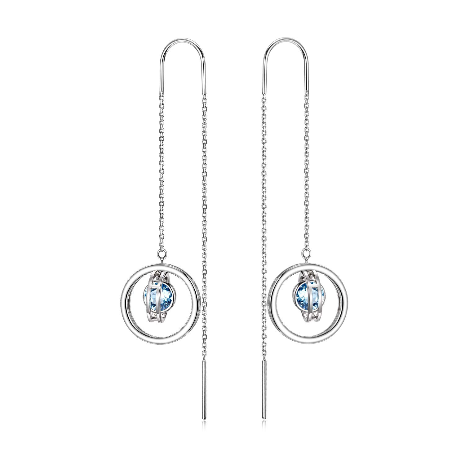 AOBOCO Sterling Silver Planet Galaxy Star Dangle Drop Earrings, Hypoallergenic Threader Earrings, Simulated Aquamarine Birthstone Crystal from Austria, Anniversary Birthday