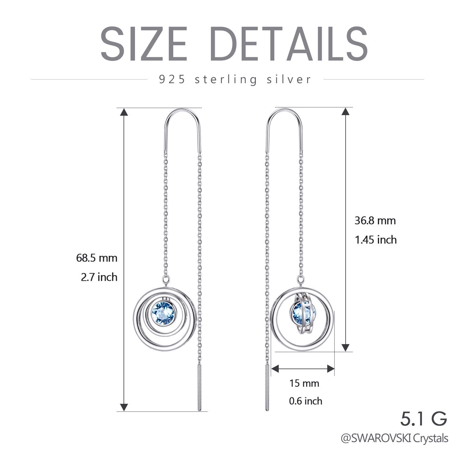 AOBOCO Sterling Silver Planet Galaxy Star Dangle Drop Earrings, Hypoallergenic Threader Earrings, Simulated Aquamarine Birthstone Crystal from Austria, Anniversary Birthday