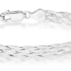 Miabella 925 Sterling Silver Italian 6-Strand Diamond-Cut 7mm Braided Herringbone Chain Bracelet for Women, 925 Italy (Length 7.25 Inches)