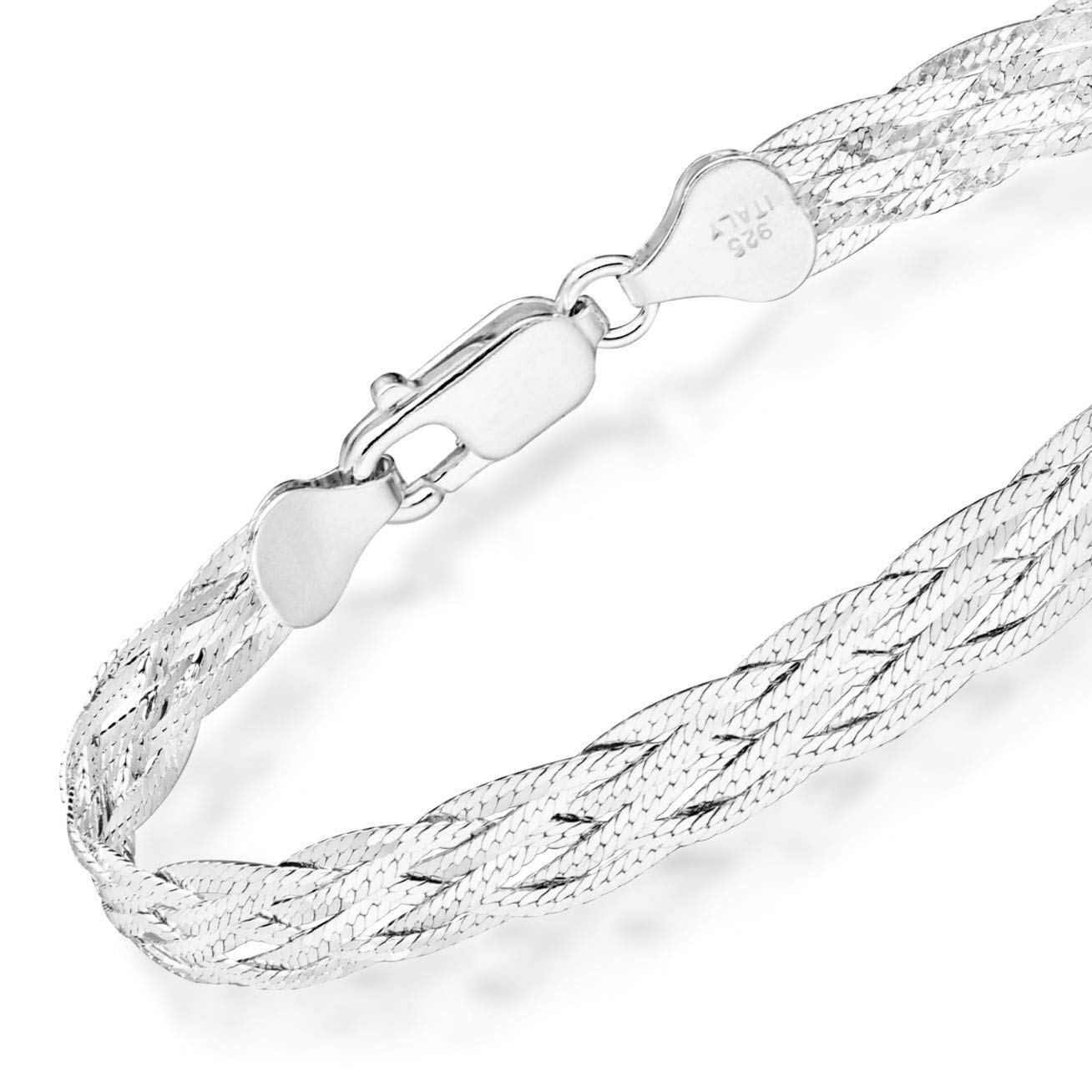 Miabella 925 Sterling Silver Italian 6-Strand Diamond-Cut 7mm Braided Herringbone Chain Bracelet for Women, 925 Italy (Length 7.25 Inches)