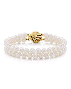 the pearl source yellow gold plated 6.0-6.5mm aaaa quality round white freshwater cultured pearl double strand bracelet for women