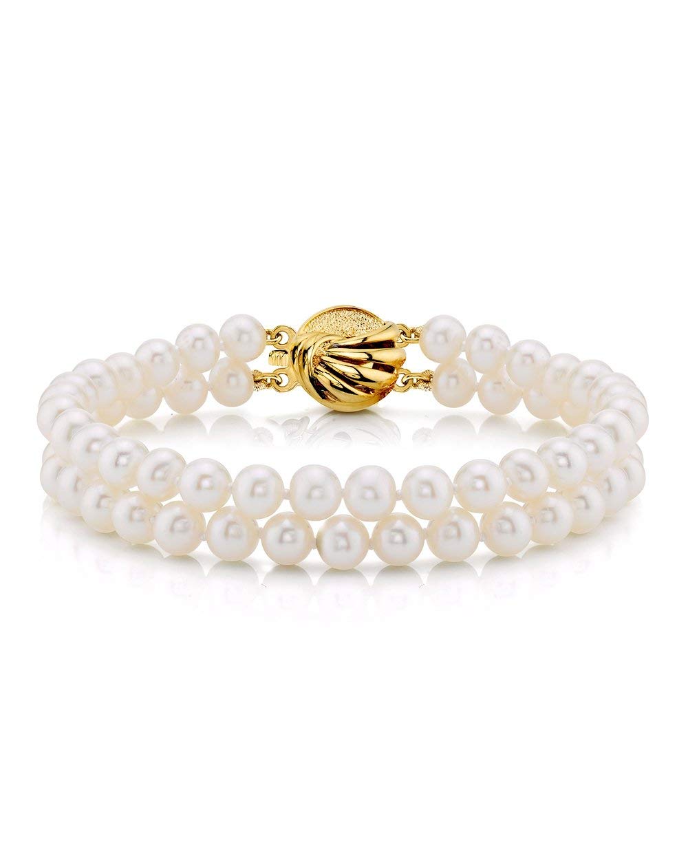 The Pearl Source Yellow Gold Plated 6.0-6.5mm AAAA Quality Round White Freshwater Cultured Pearl Double Strand Bracelet for Women