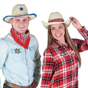 fun express cowboy hat for men - authentic western style cowboy hats for men with red bandana accent, bulk set of 12 durable woven straw cow boy hat versatile party hats, unisex design