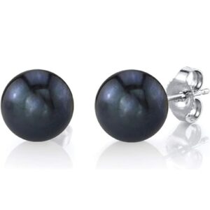 the pearl source 14k gold 7-8mm aaaa quality round black freshwater cultured pearl stud earrings for women