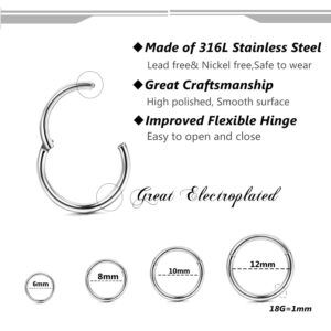 MILACOLATO Hypoallergenic Nose Rings Hoops 8Pcs 18G 316L Stainless Steel Hinged Segment Clicker Rings for Septum Cartilage Daith Conch Helix Rook Tragus Ear Lobe Sleeper Earrings Nose Piercing Jewerly for Men Women, 6/8/10/12mm