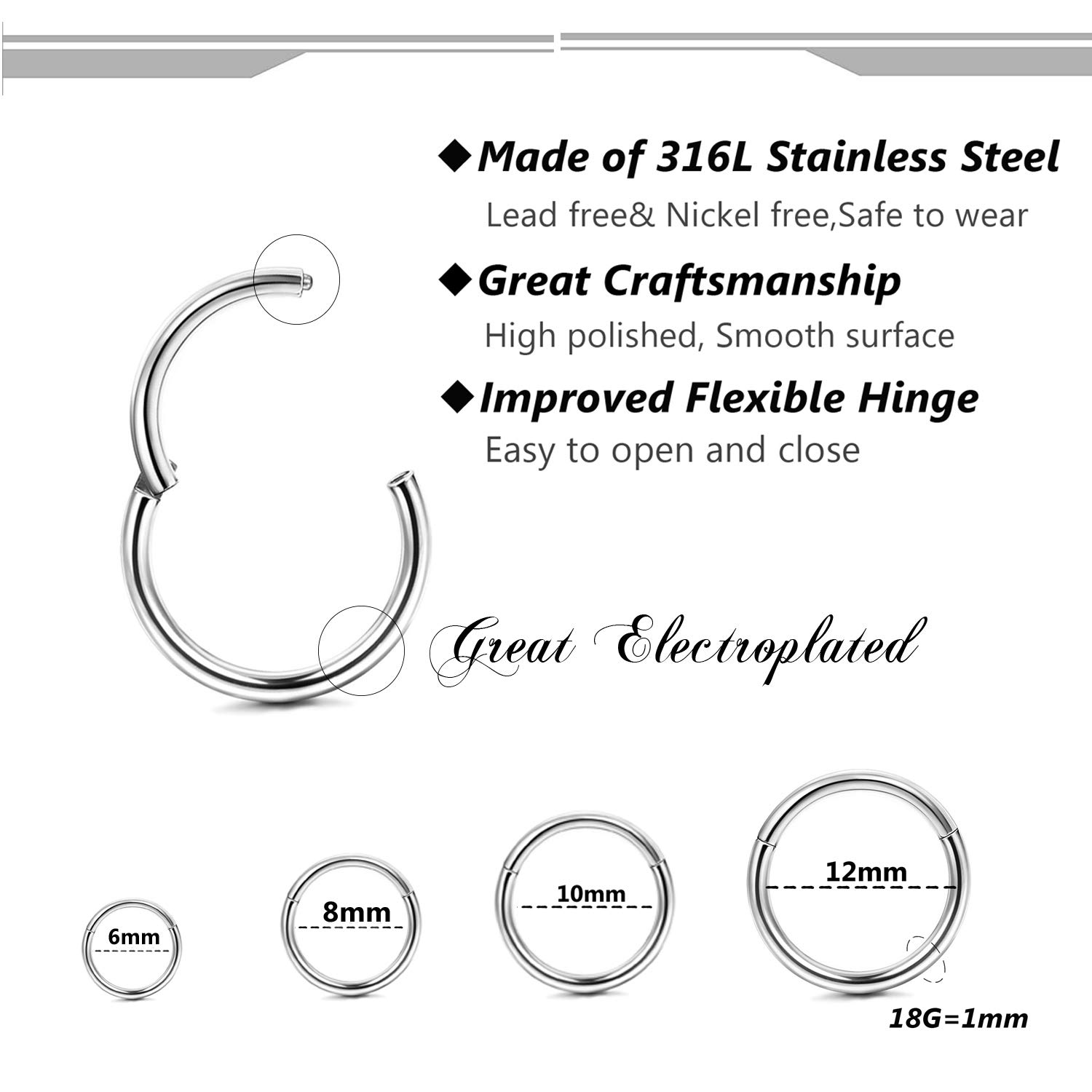 MILACOLATO Hypoallergenic Nose Rings Hoops 8Pcs 18G 316L Stainless Steel Hinged Segment Clicker Rings for Septum Cartilage Daith Conch Helix Rook Tragus Ear Lobe Sleeper Earrings Nose Piercing Jewerly for Men Women, 6/8/10/12mm