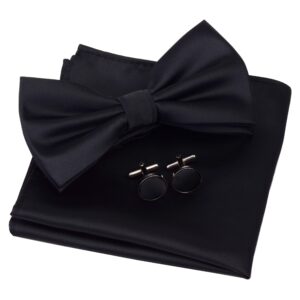 gusleson mens plain color black pre-tied bow tie and pocket square cufflink set for wedding (0570-07)