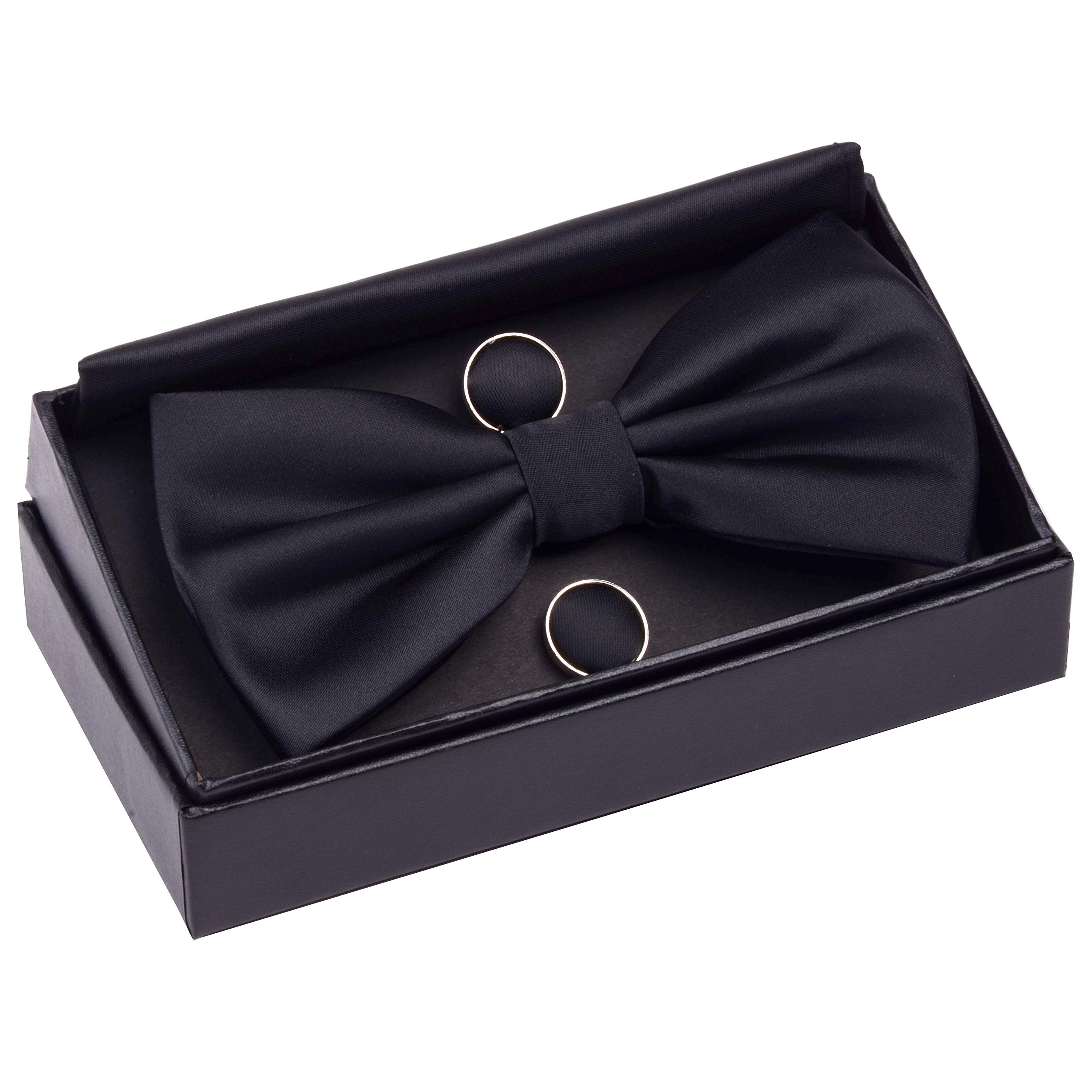 GUSLESON Mens Plain Color Black Pre-tied Bow Tie and Pocket Square Cufflink Set for Wedding (0570-07)