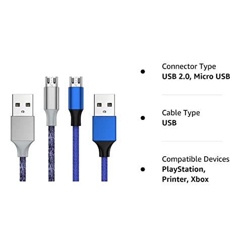 Charger Cable for Xbox One Controller - 2 Pack 10FT Nylon Braided Micro USB 2.0 Charge and Play Data Sync Cord for Xbox One S/X, Playstation 4, dualshock 4 Controller, Samsung, Android Phone