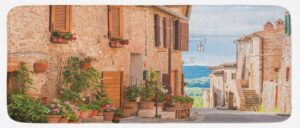 ambesonne mediterranean kitchen mat, medieval old town in tuscany mediterranean historic culture village town stone photo, plush decorative kitchen mat with non slip backing, 47" x 19", tan