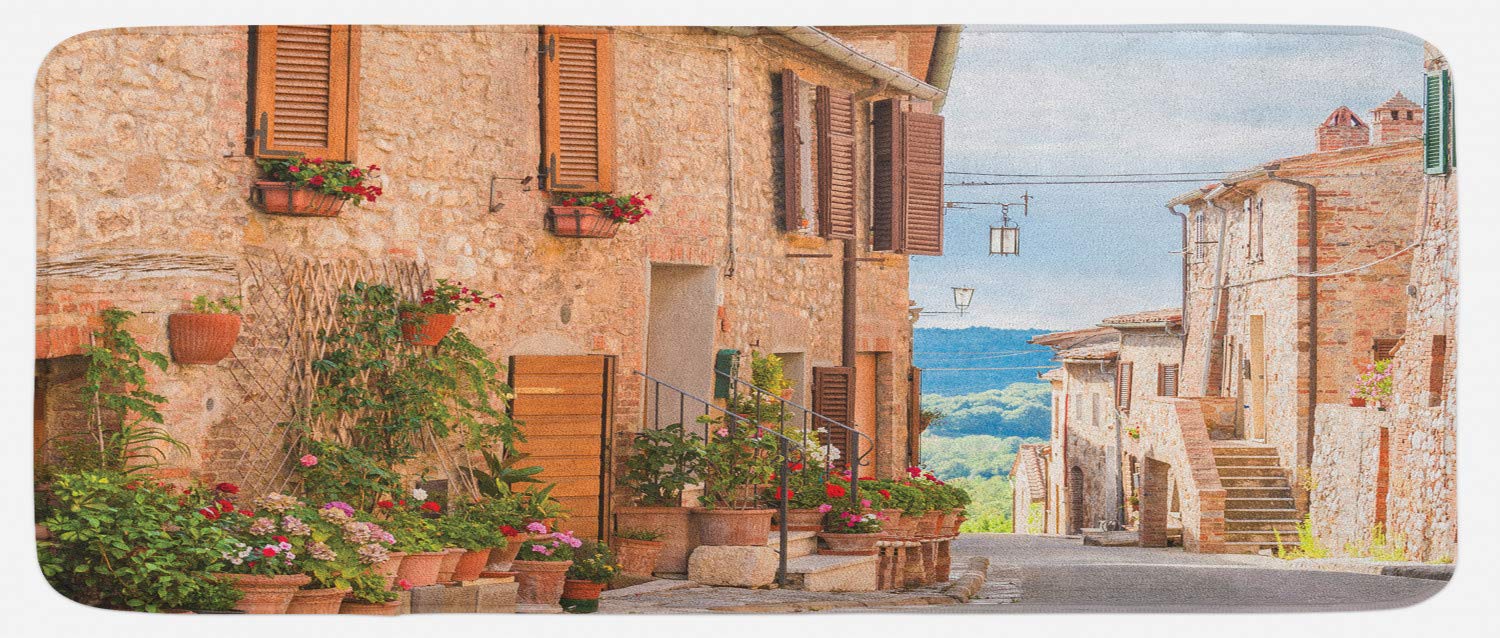 Ambesonne Mediterranean Kitchen Mat, Medieval Old Town in Tuscany Mediterranean Historic Culture Village Town Stone Photo, Plush Decorative Kitchen Mat with Non Slip Backing, 47" X 19", Tan