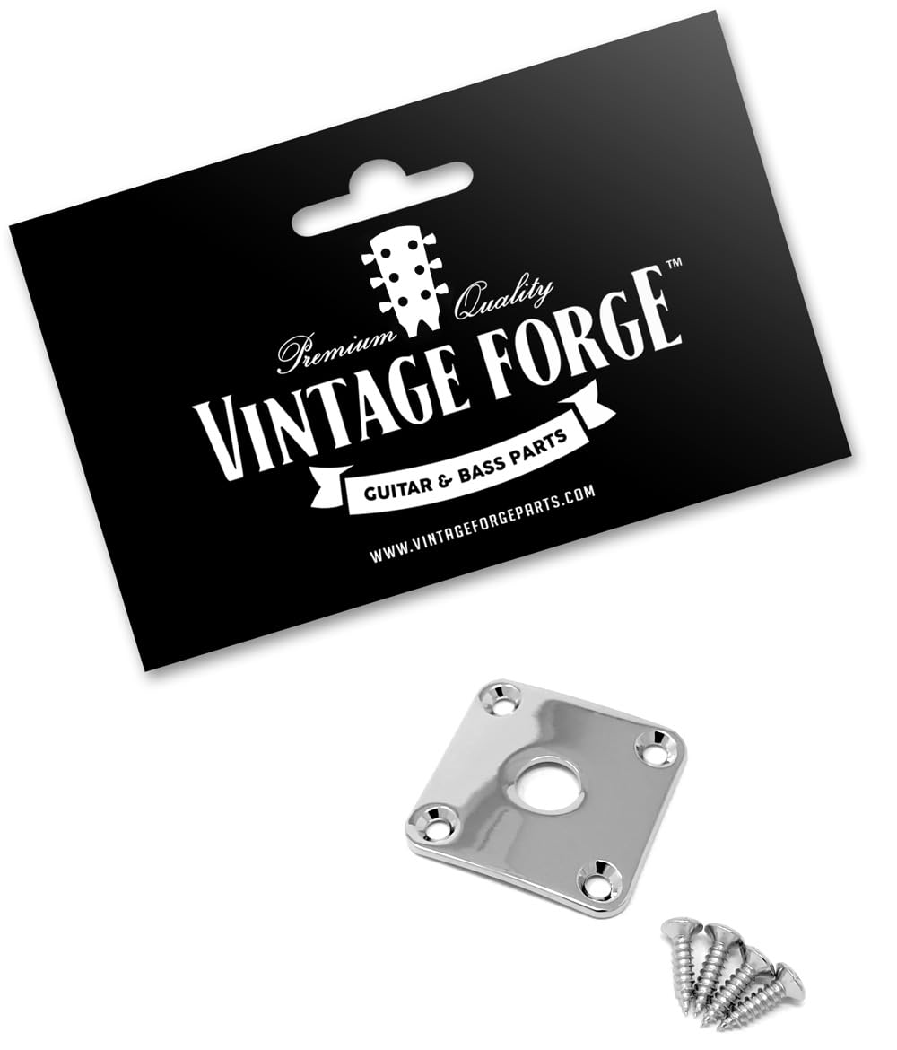 Vintage Forge Chrome Metal Jack Plate Compatible with USA Les Paul Guitar Square Curved with Screws JPS30-CHR