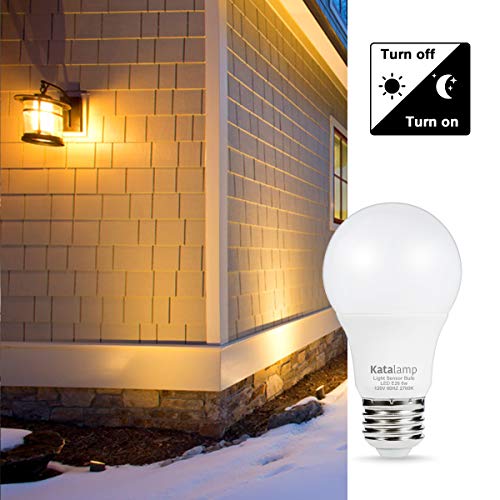 Dusk to Dawn Light Bulb Outdoor - 2 Pack LED Sensor Light Bulb Automatic Light Sensing, 6W 40 Watt Equivalent Warm White 2700K Standard Base, Indoor Outdoor Porch Patio Front Door Yard Lighting