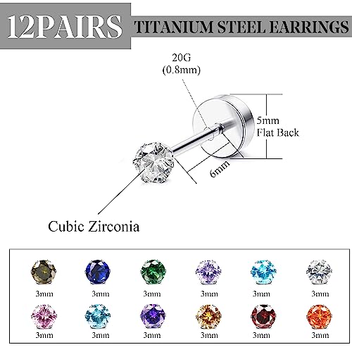 ORAZIO CZ Stud Earrings for Women Men Stainless Steel Cubic Zirconia Screwback Earrings Set 3MM