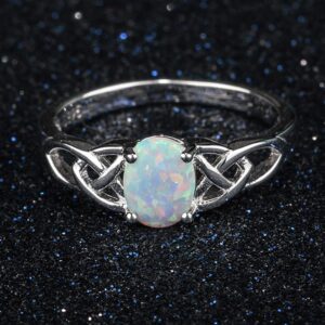 925 Sterling Silver Celtic Knot Heart Shaped Fire Opal Wedding Engagement Ring (Silver, 6.5)